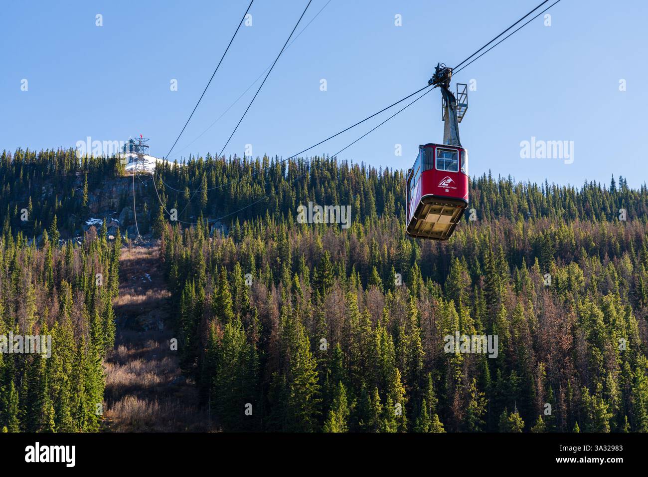 Jasper SkyTram aerial tramway ascending the snow-capped Rocky Mountains ...