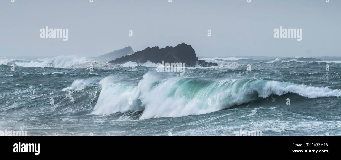 A panoramic image of rough wild seas in Fistral Bay caused by Storm ...