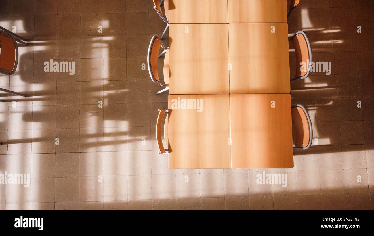 Aerial view of a school classroom, with brown chairs and tables Stock ...