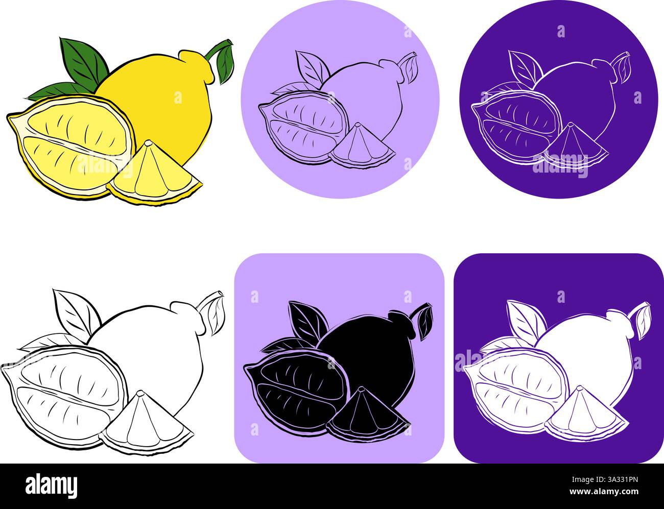 Hand drawn lemon composition with leaves logo. Fruit in graphic line ...