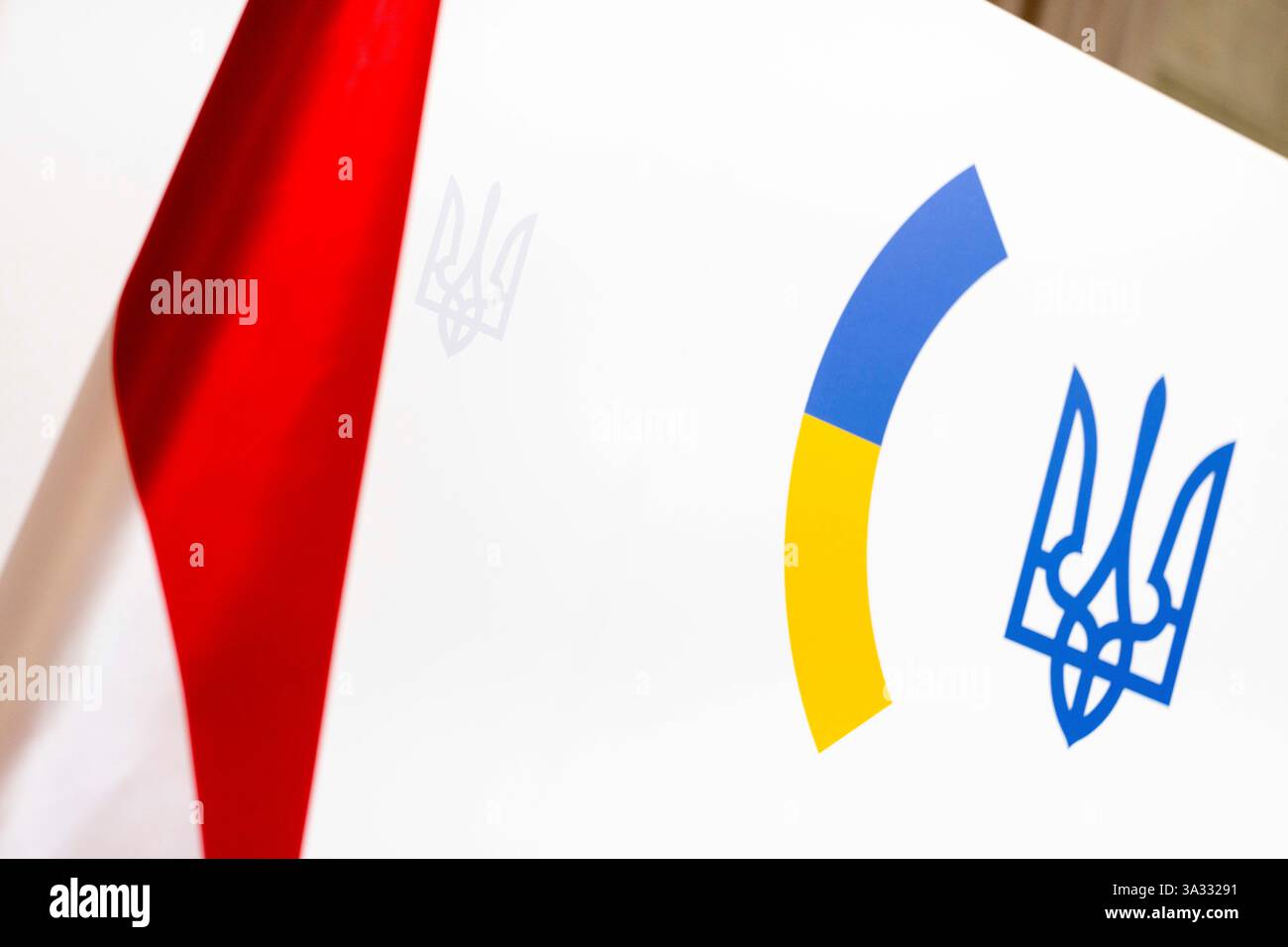 Austrian flag and Ministry of Foreign Affairs of Ukraine logo seen at ...