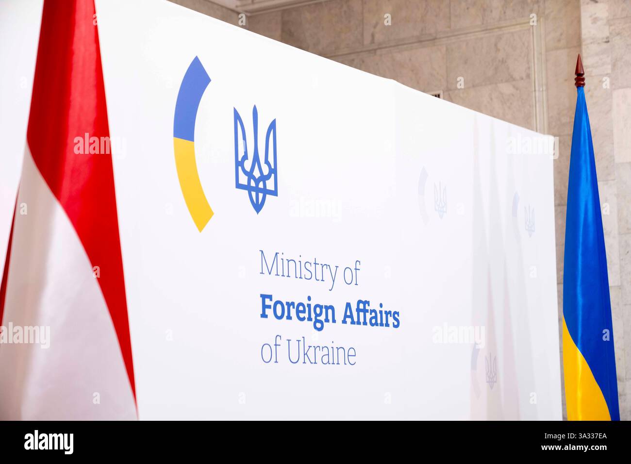 Austrian and Ukrainian flag seen at visit of Austrian Foreign Minister ...