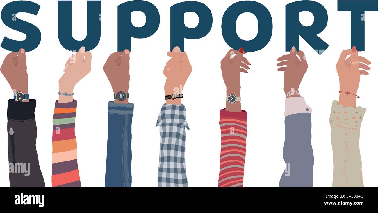 Raised hands of multicultural people holding letters forming the text ...