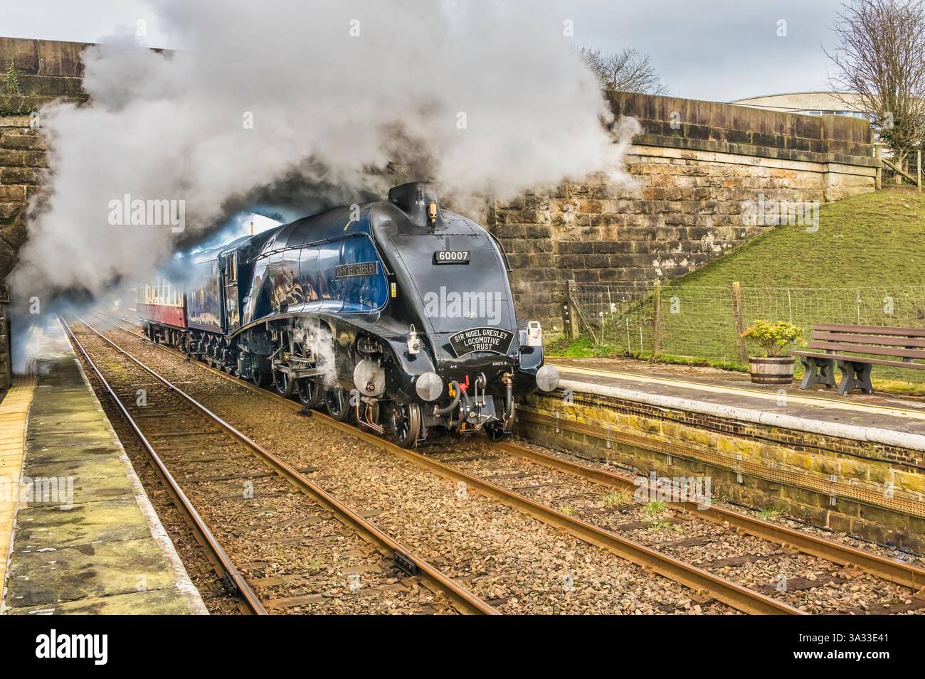 The image is of the famous LNER A4 Pacific Class 4-6-2 Sir Nigel Gresley 60007 steam train ...