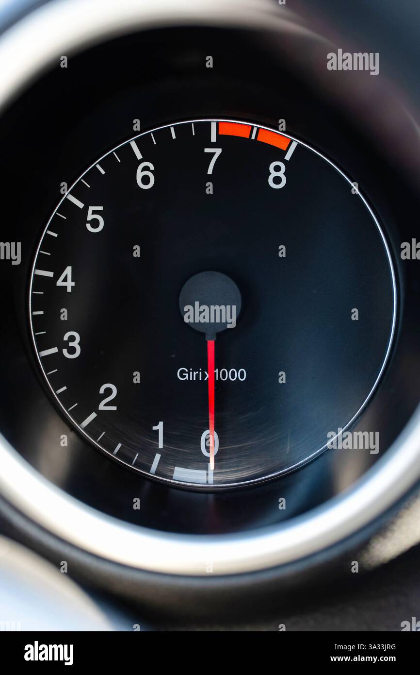 Car analog rev counter dial inside dashboard. Close up shot, no people ...