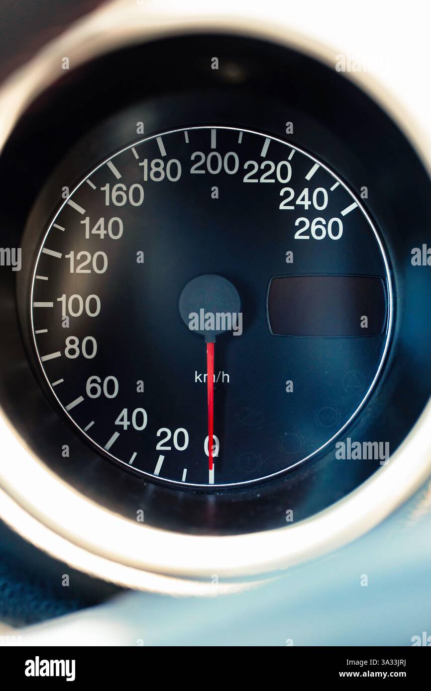 Car analog speedometer dial inside dashboard. Close up shot, no people ...