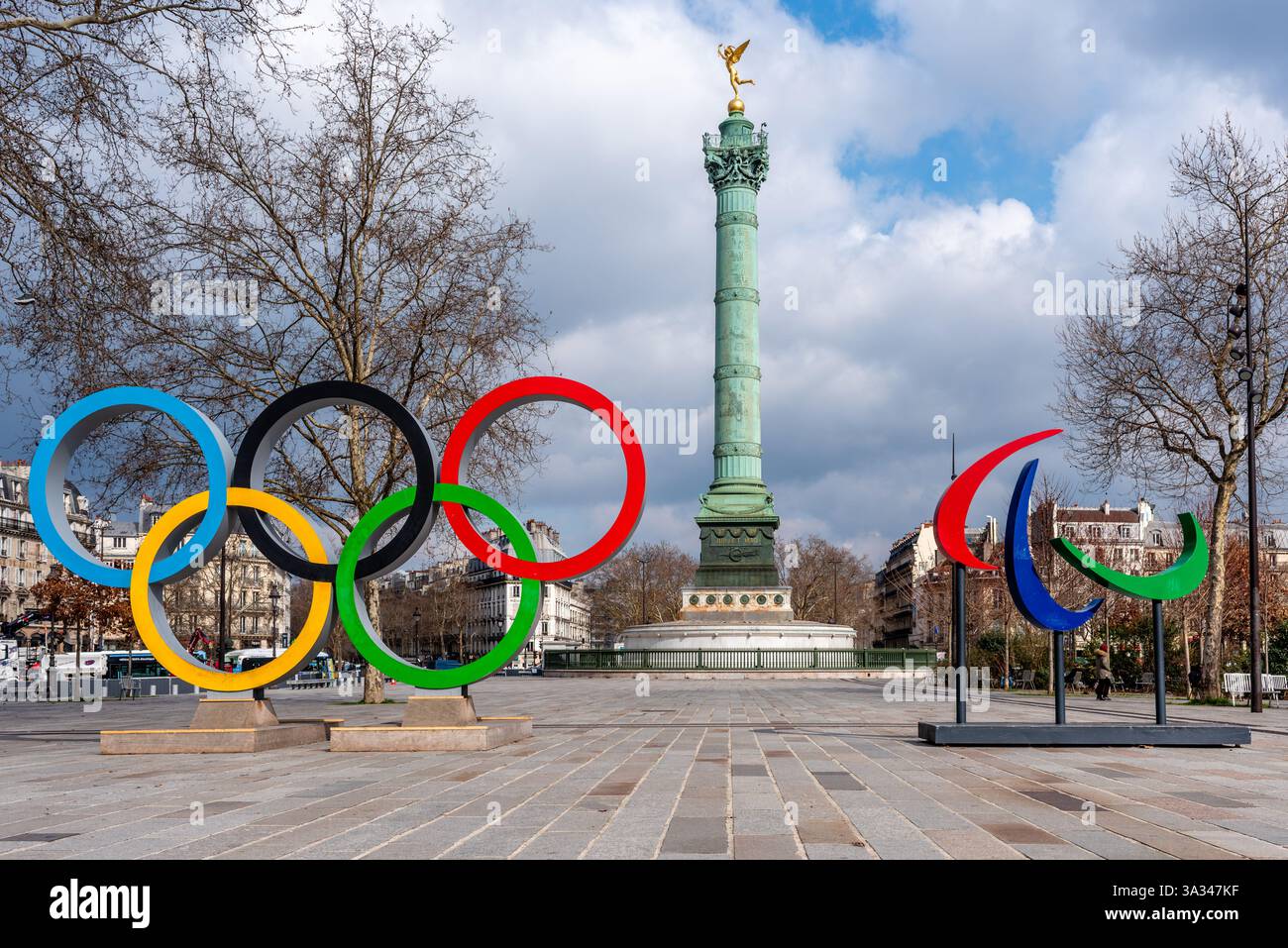 The Olympic rings and the Paralympic logo with in the background the ...