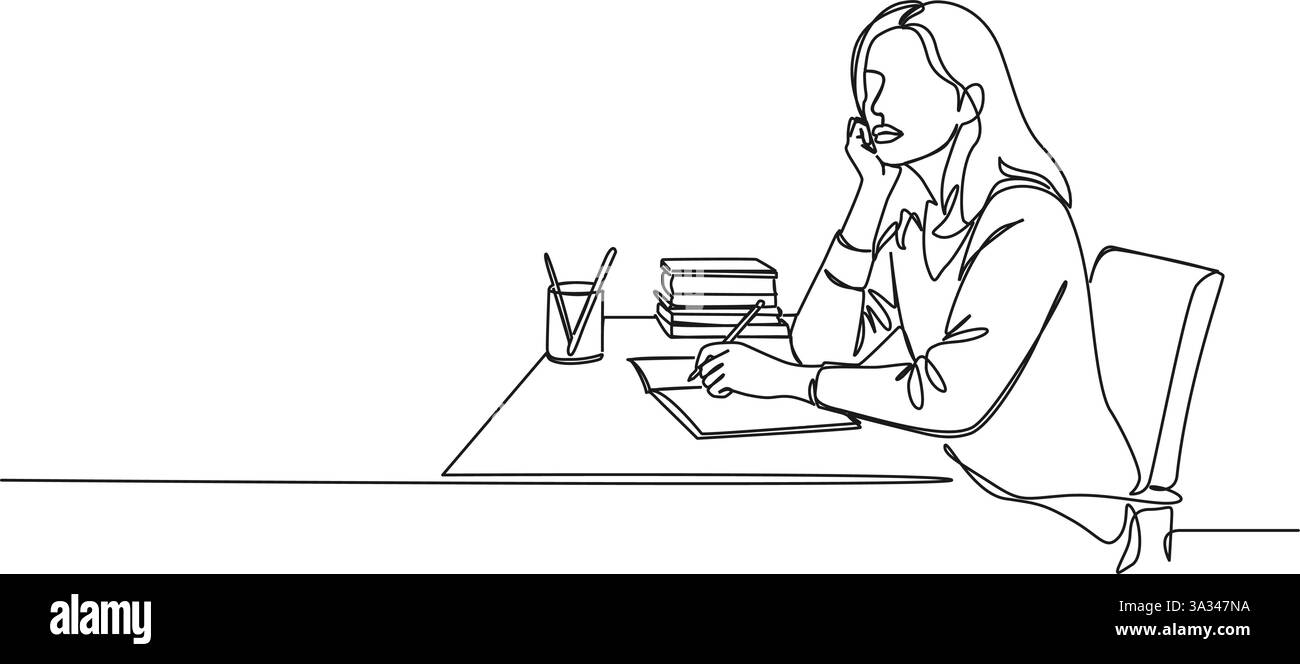 continuous single line drawing of thoughtful woman taking notes in ...