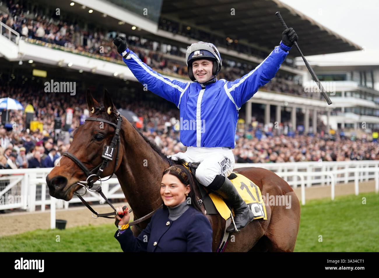 Jonjo O'Neill Jr aboard Poniros after winning the JCB Triumph Hurdle on ...
