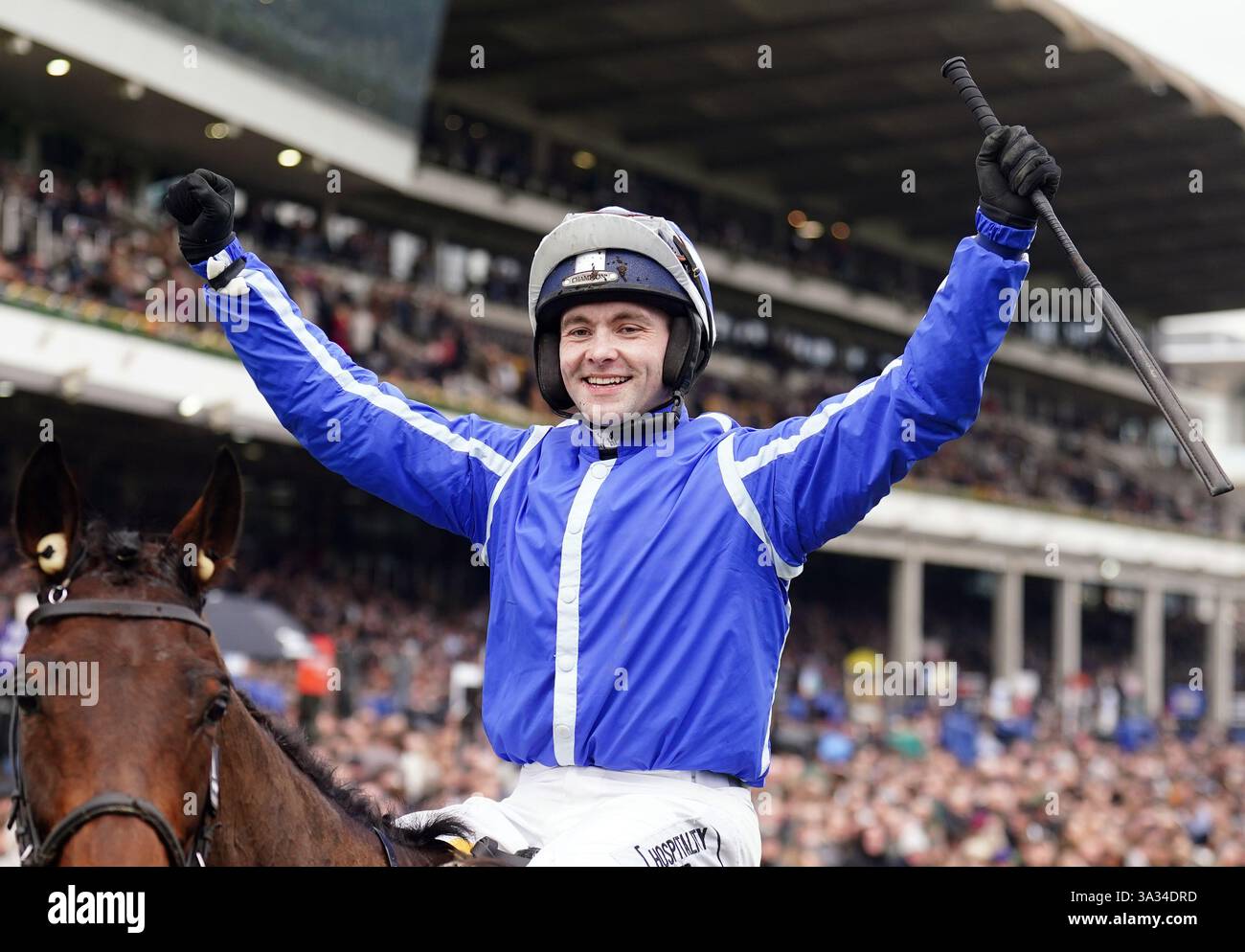 Jonjo O'Neill Jr aboard Poniros after winning the JCB Triumph Hurdle on ...