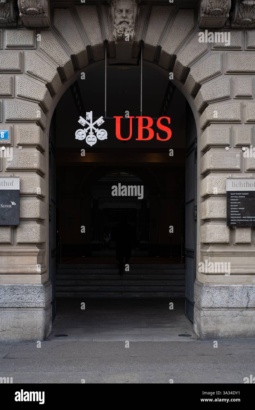 07.02.2025 Zurich, Switzerland. UBS bank Paradeplatz office entrance ...