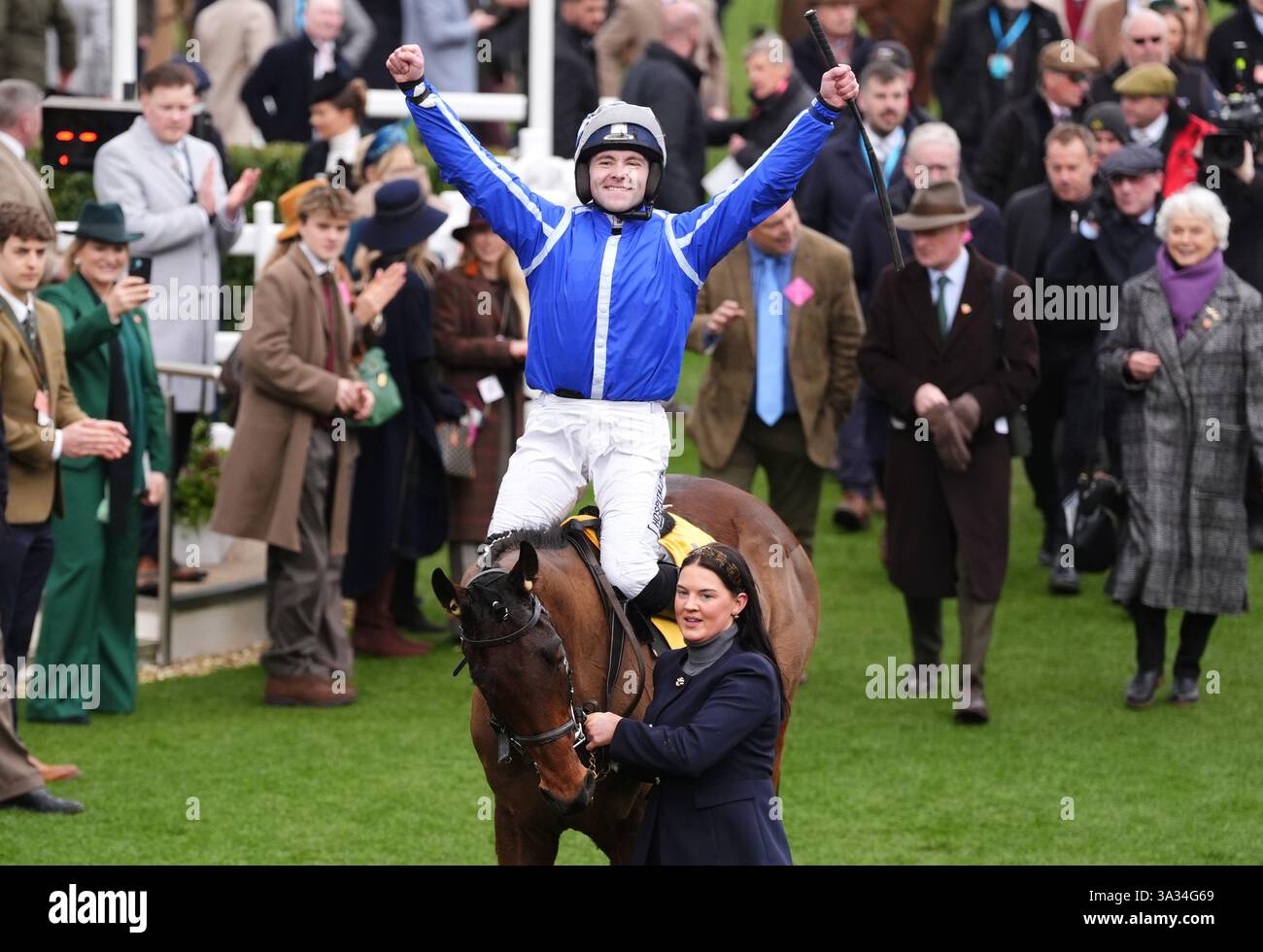 Jonjo O'Neill Jr aboard Poniros after winning the JCB Triumph Hurdle on ...