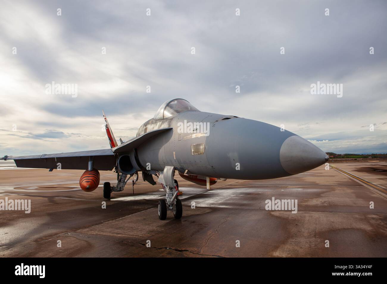 A fighter jet showcased on the tarmac of Torrejon Air Base, Spain. The ...