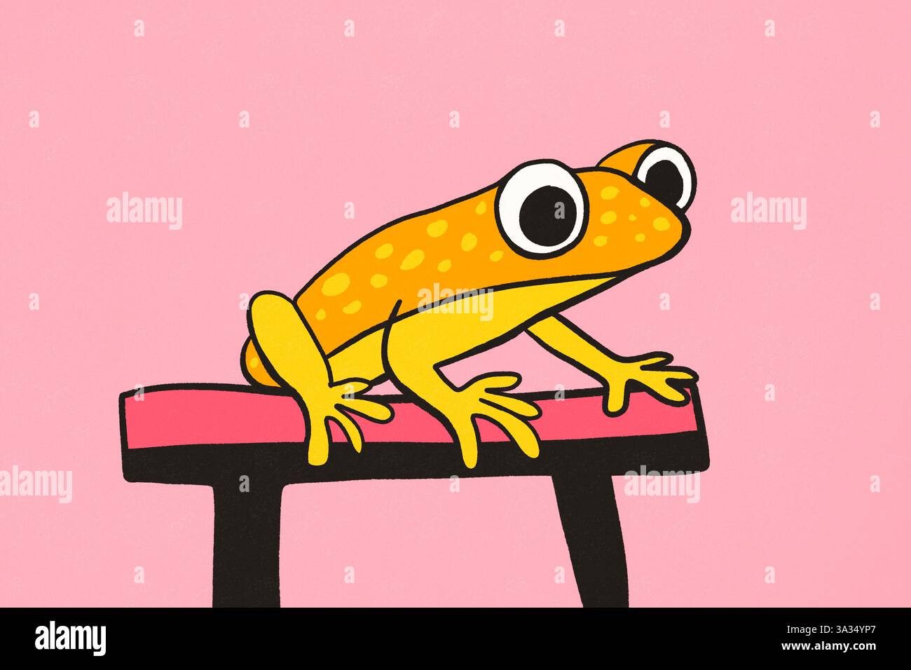 A playful illustration of a bright yellow frog sitting on a bench. The ...