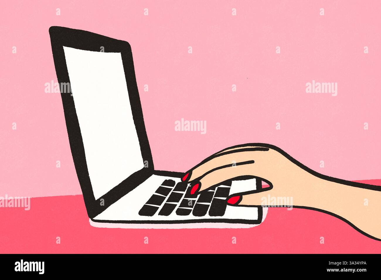 Minimalist illustration of a hand with red nails typing on a laptop ...