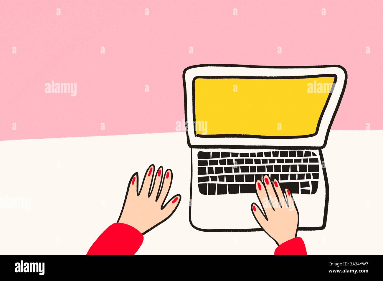 Illustration of hands with red nails typing on a laptop with a vibrant ...