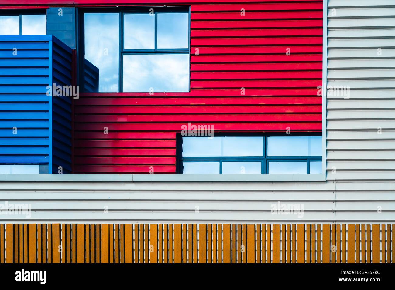 This image captures the vibrant and modern urban facade of a building ...