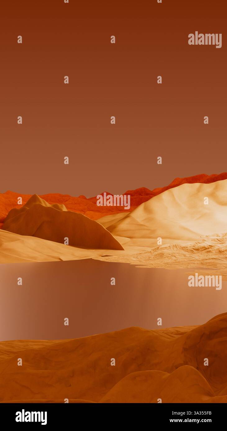 A 3D render depicts a warm color palette with rolling desert terrain ...