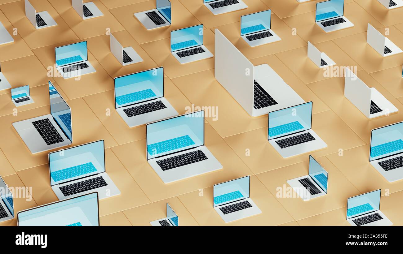 Numerous laptops arranged on a geometric backdrop illustrate the connection between technology ...