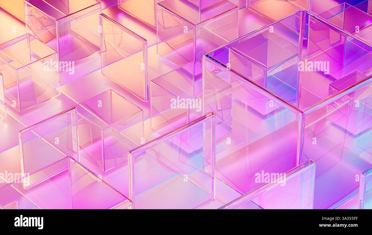 Translucent cubes in varying sizes form a sophisticated abstract background, combining colors ...
