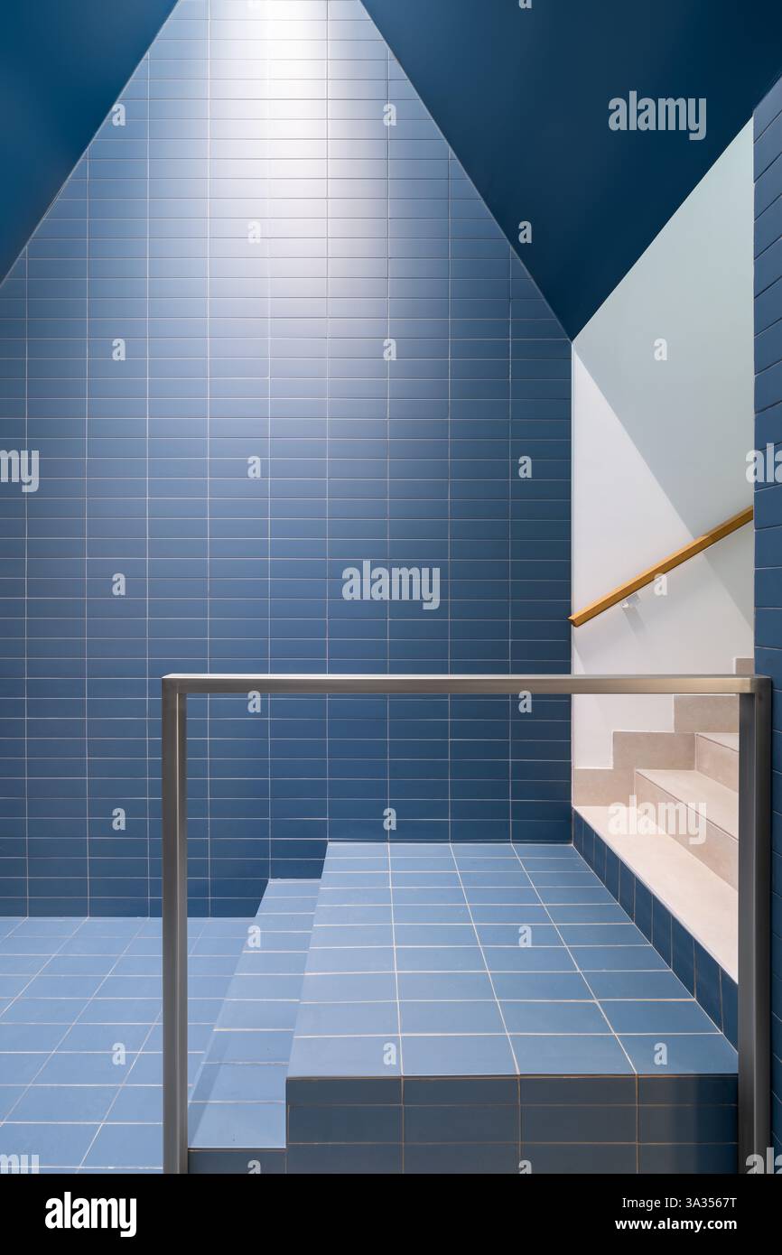 Featuring a modern interior with vibrant blue tiles, this image ...