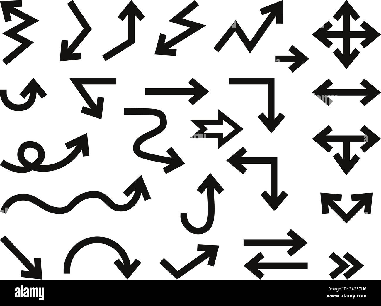 Simple Linear Black Directional Arrows. Sign Directions Curved Backward curved, zigzag Set ...
