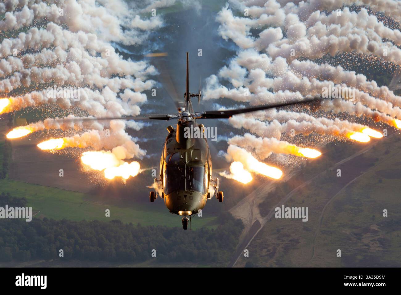 The Belgian Air Force August A-109BA, Reg H29, shown deploying flares ...