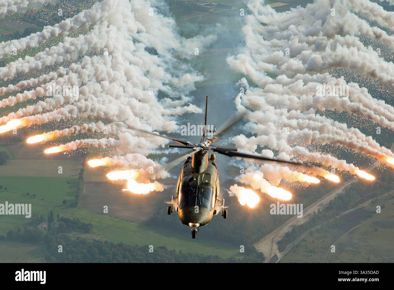 The Belgian Air Force A-109BA, Reg H29, releases flares in a ...
