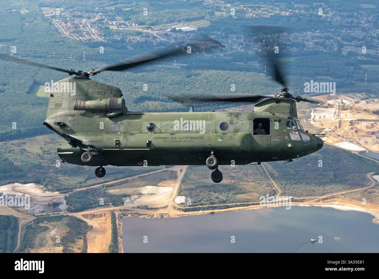 The Royal Netherlands Air Force CH-47 Chinook, Reg D-667, banks during ...