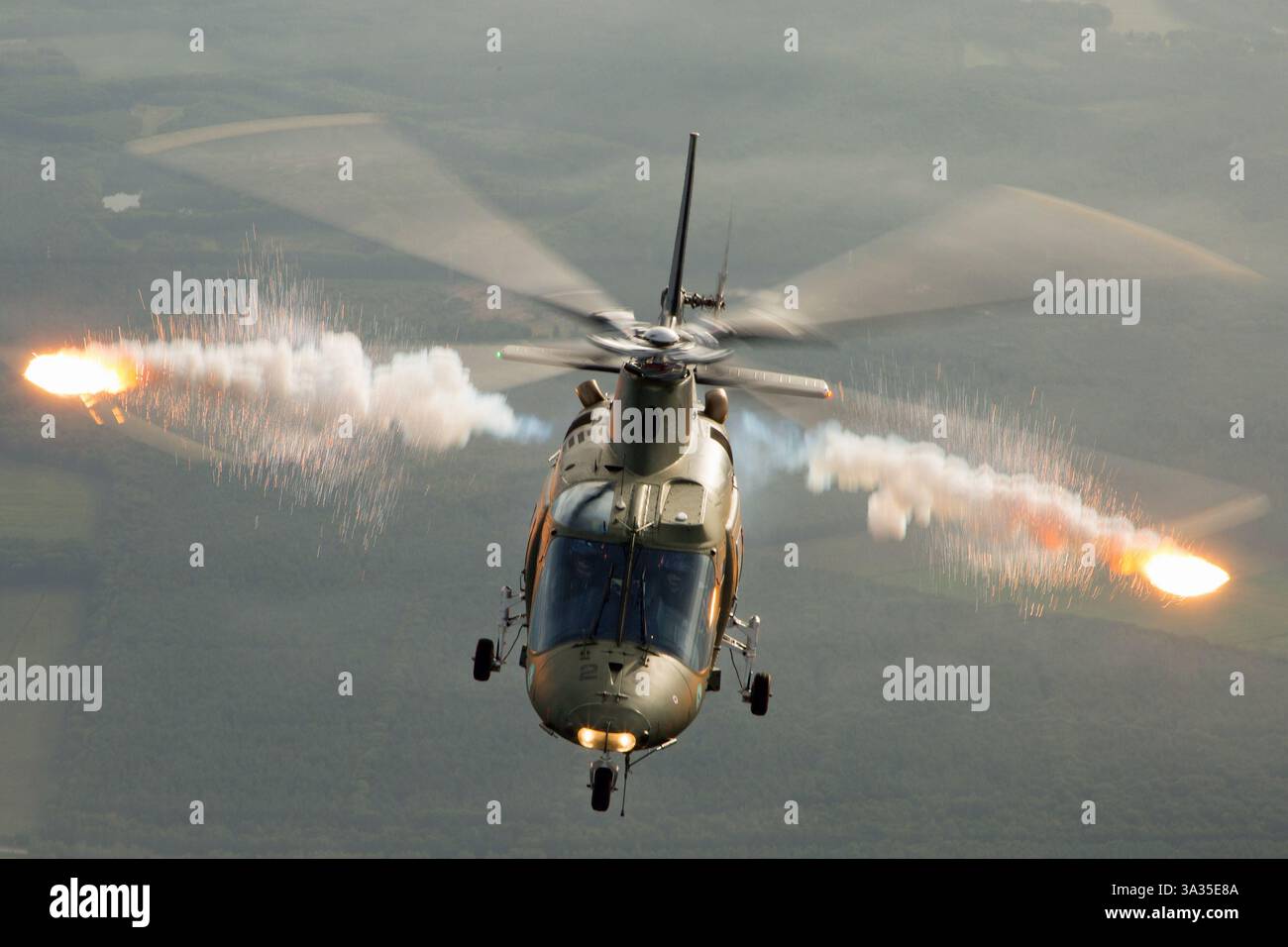 The Belgian Air Force A-109BA, Reg H29, deploys flares during a ...