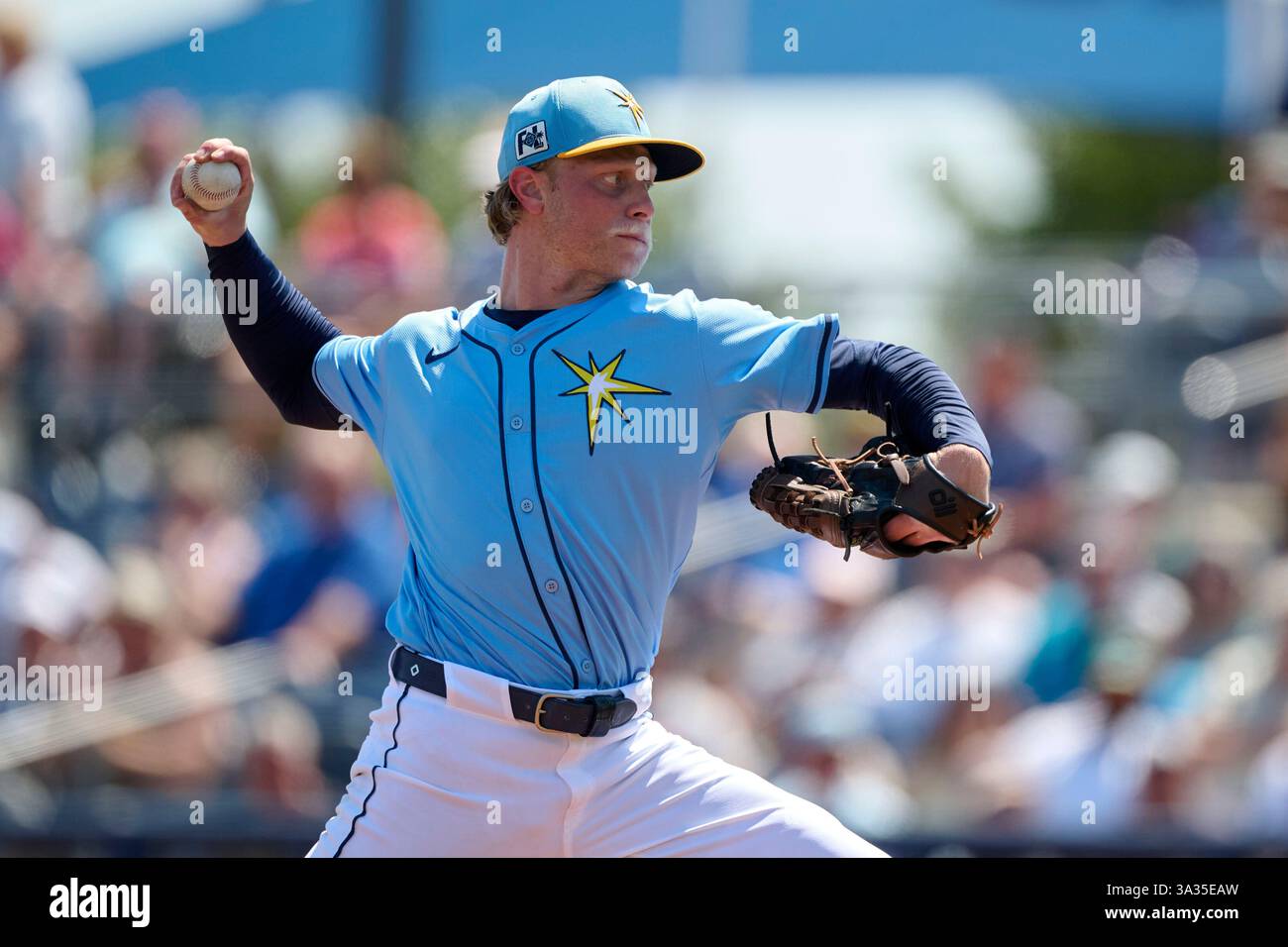 Tampa Bay Rays pitcher Shane Baz (11) delivers a pitch during an MLB ...