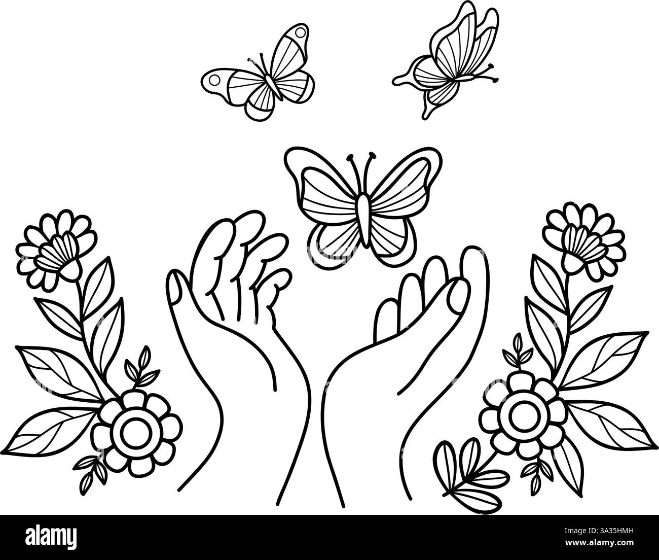 Outline Palms hands with flowers and leaves release butterflies. Butterfly symbolizing freedom ...
