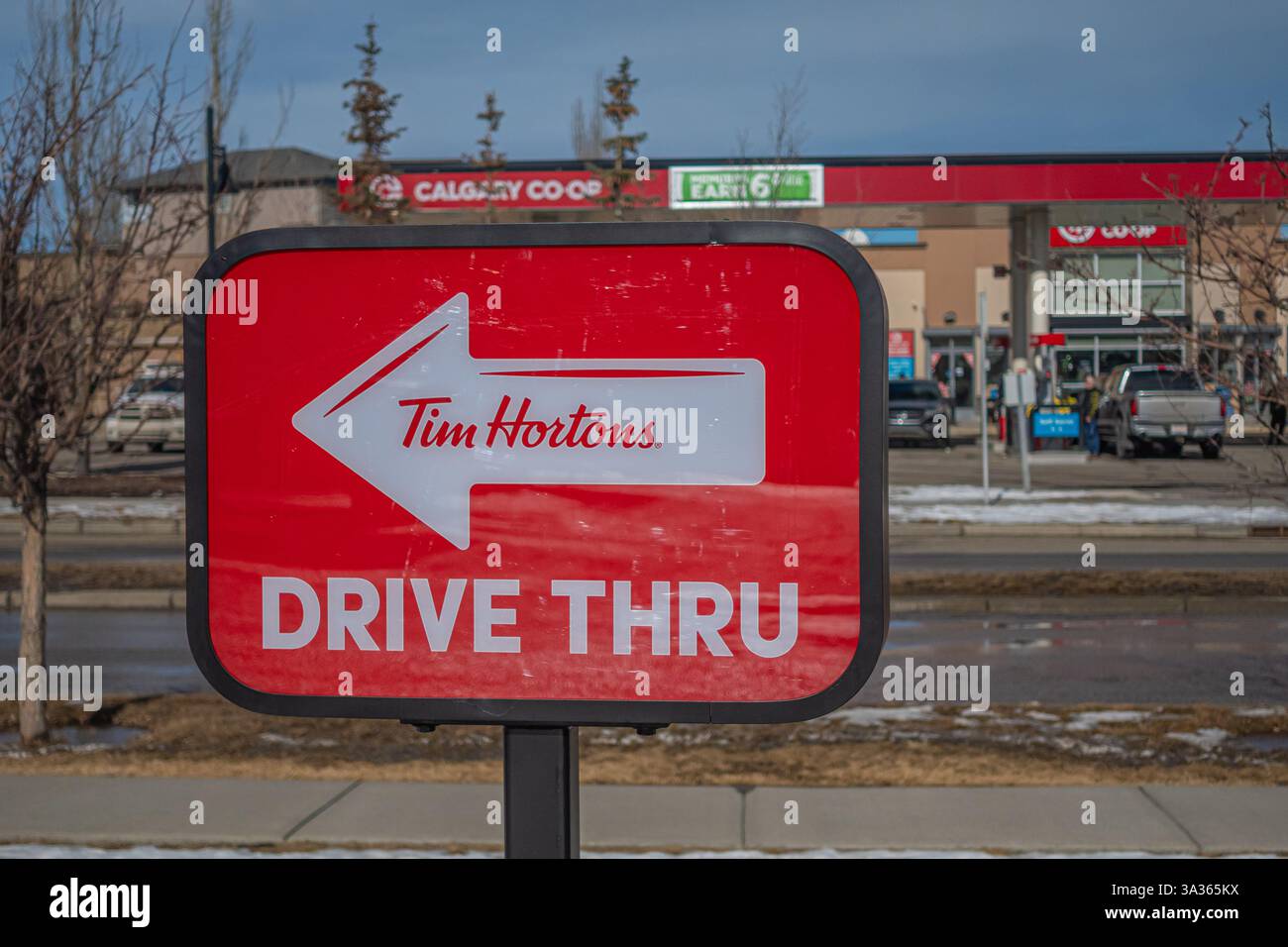 March 13 2025 - Calgary Alberta Canada - Tim Hortons Drive Through sign ...