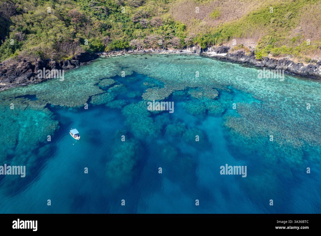 Aerial view of tropical coral reef in the Pacific Ocean in between ...