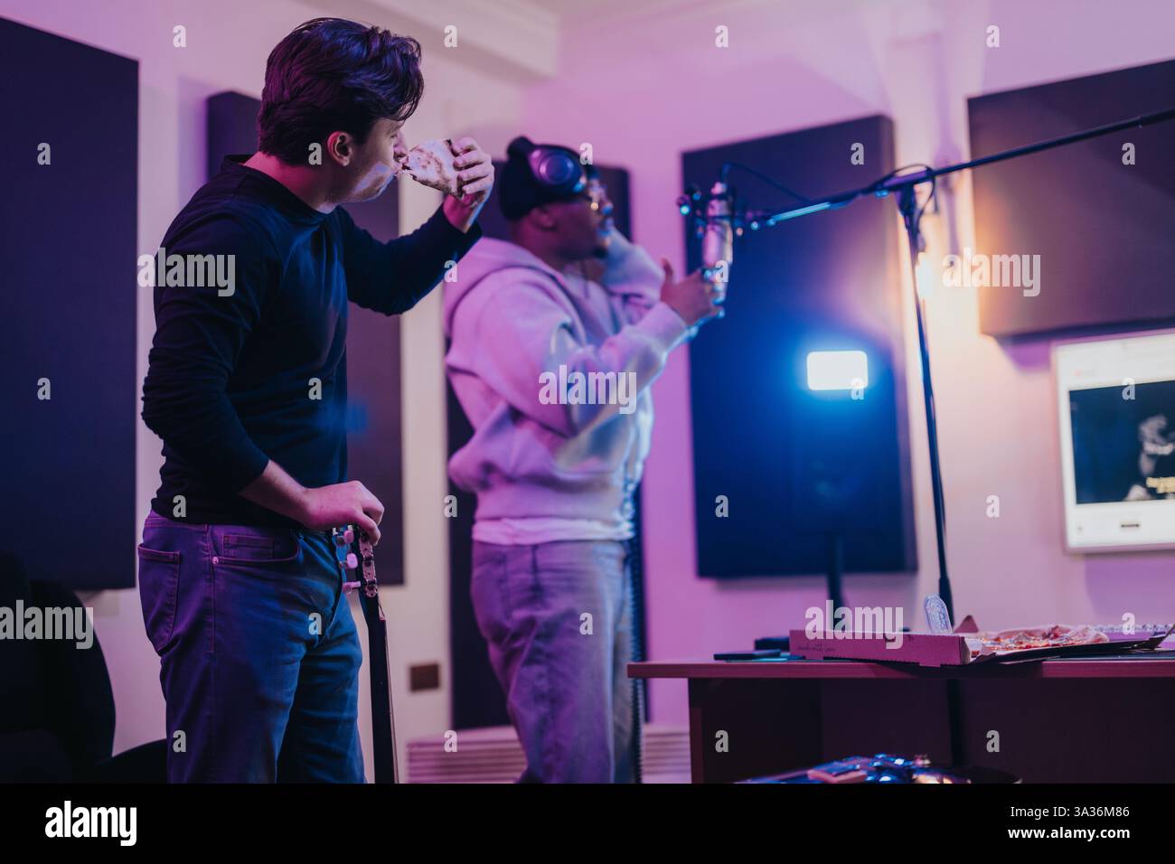 Scene of diverse musicians, includes music equipment, microphones, and ...