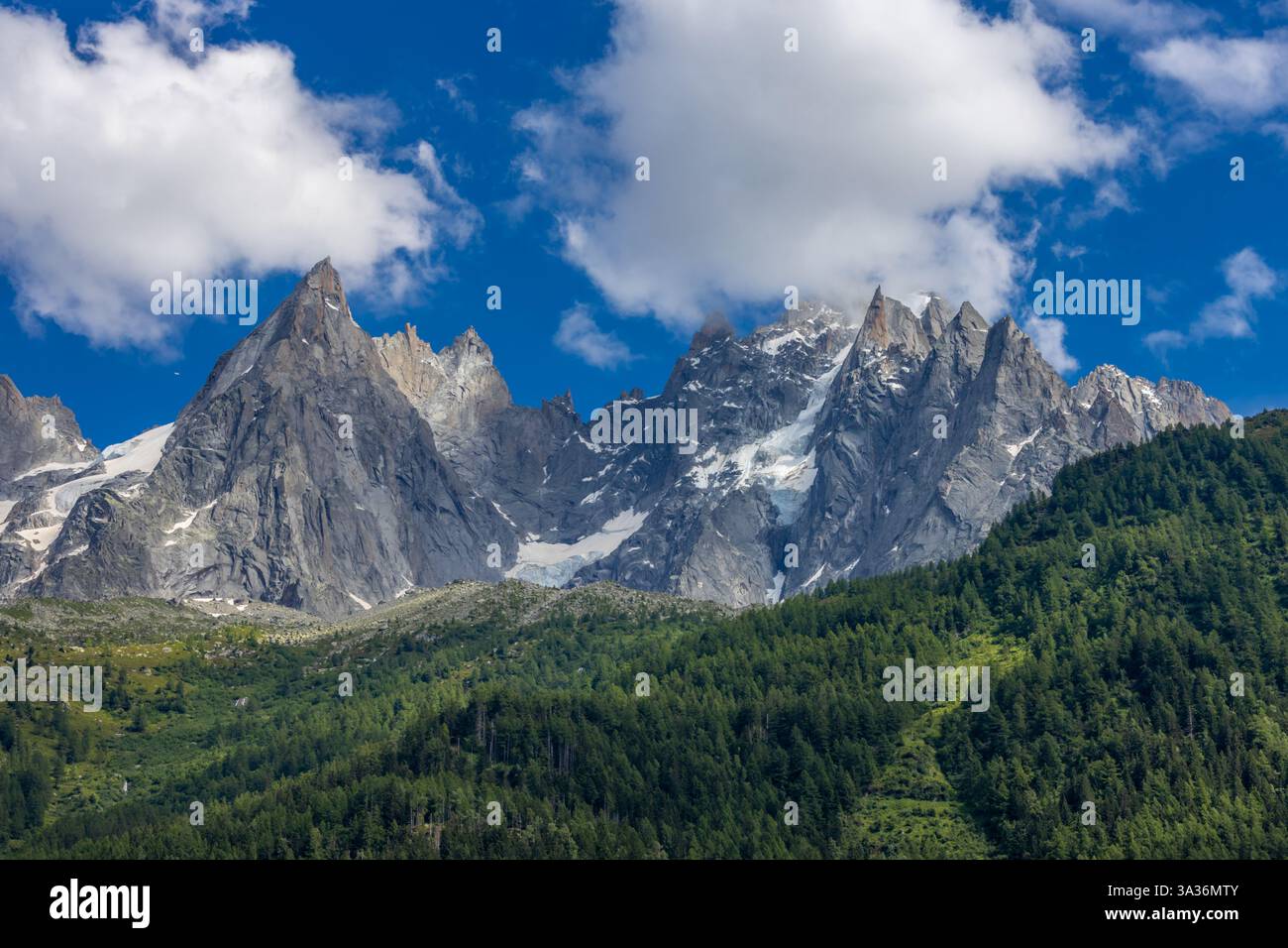 Aiguilles de Chamonix rocky granite mountain peaks in french Alps ...