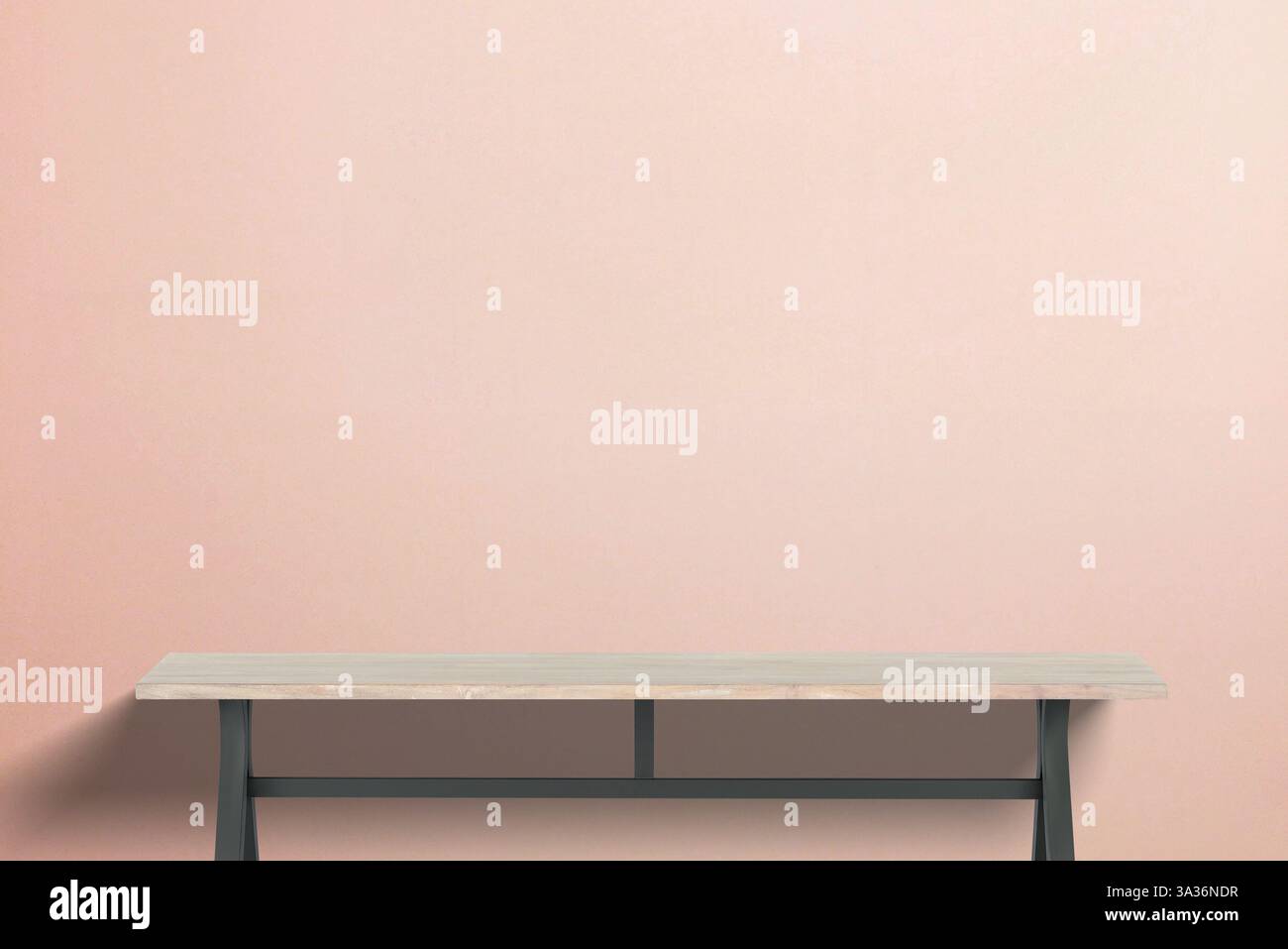 Minimalist wooden table with industrial design, bold orange backdrop ...