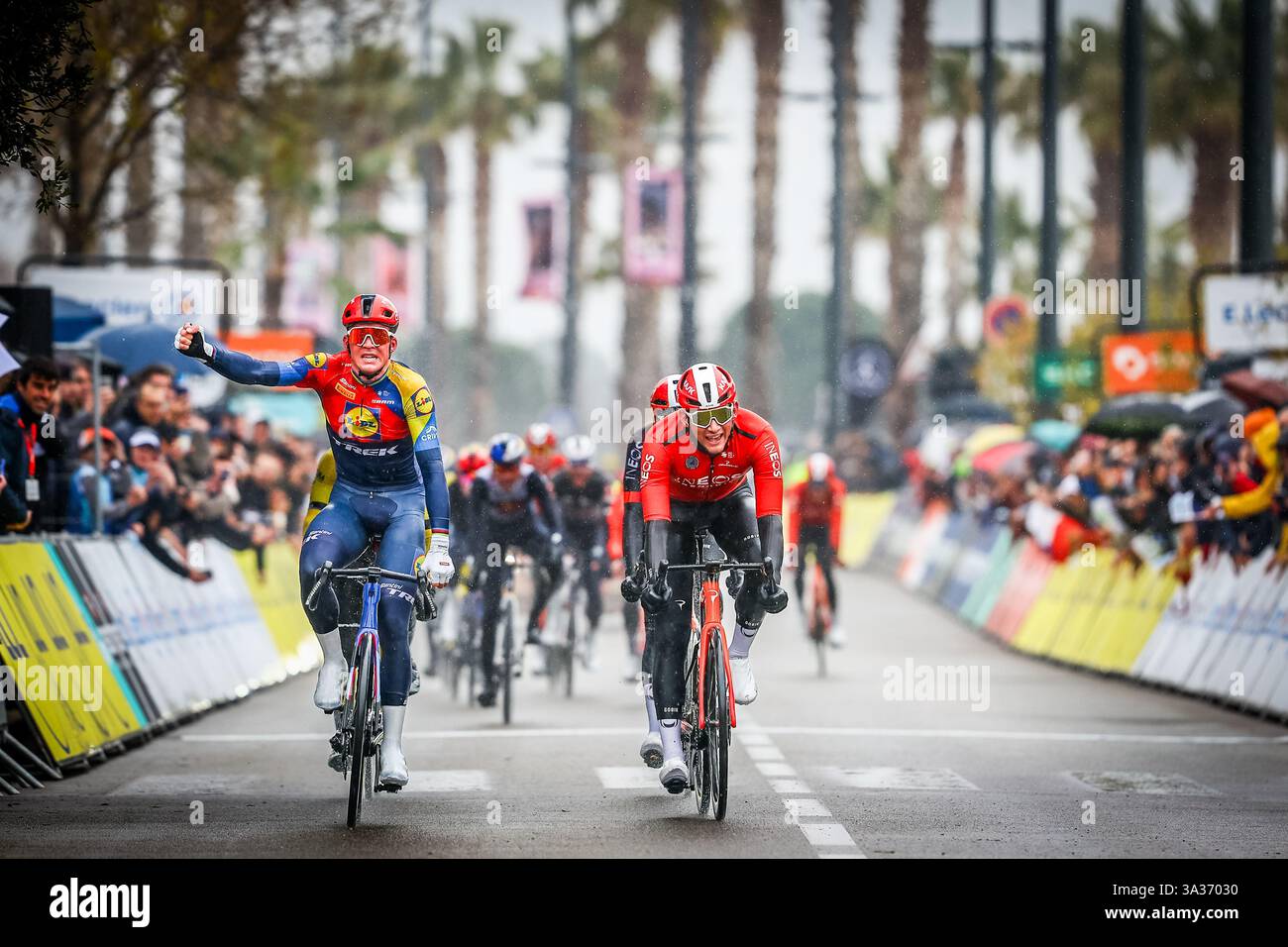 Danish Mads Pedersen of Lidl-Trek and British Michael Joshua Tarling of ...
