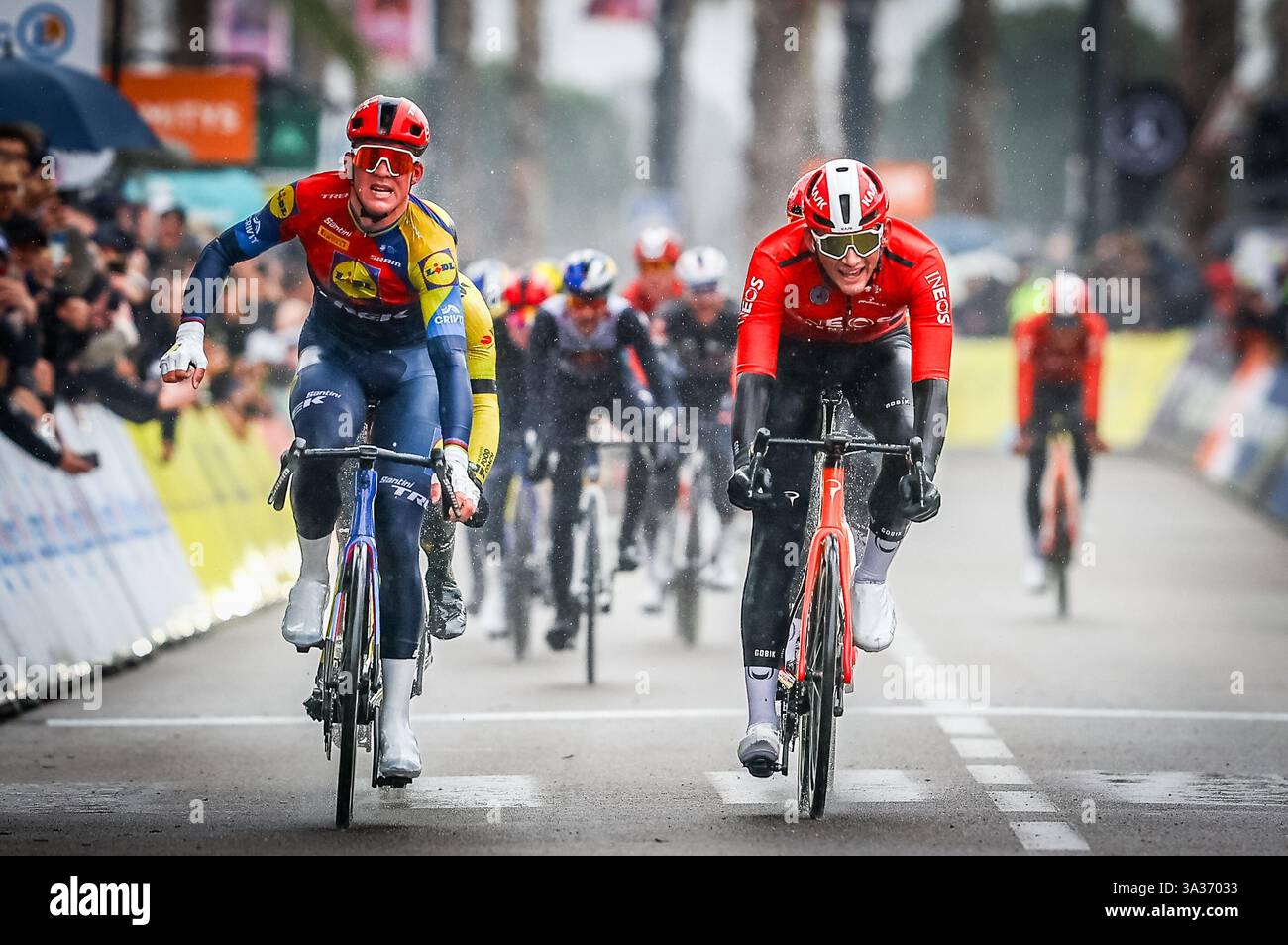Danish Mads Pedersen of Lidl-Trek and British Michael Joshua Tarling of ...