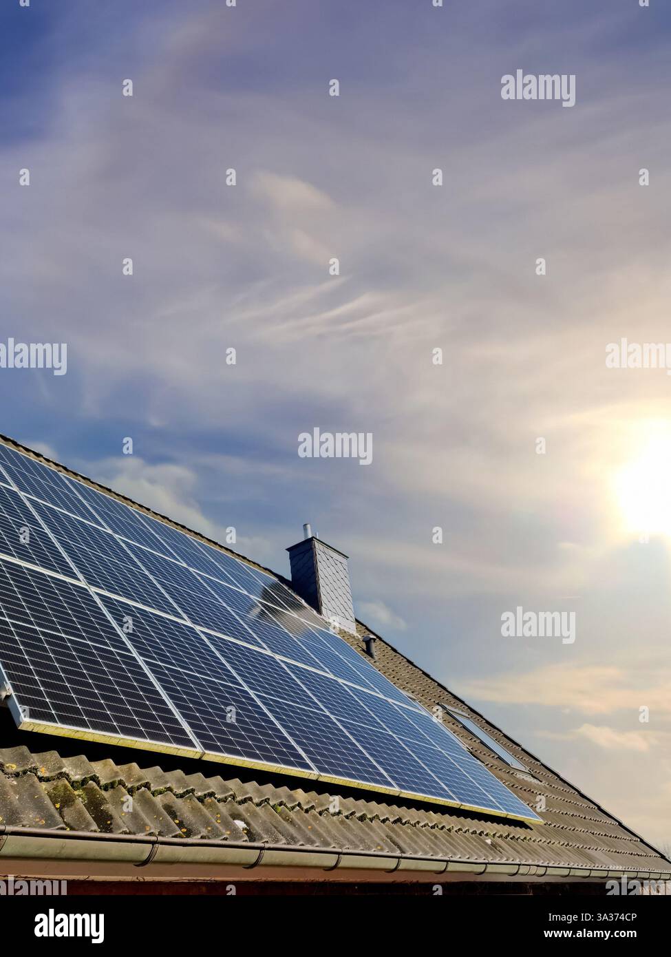 Photovoltaic cells converting sunlight into electricity, illustrating ...