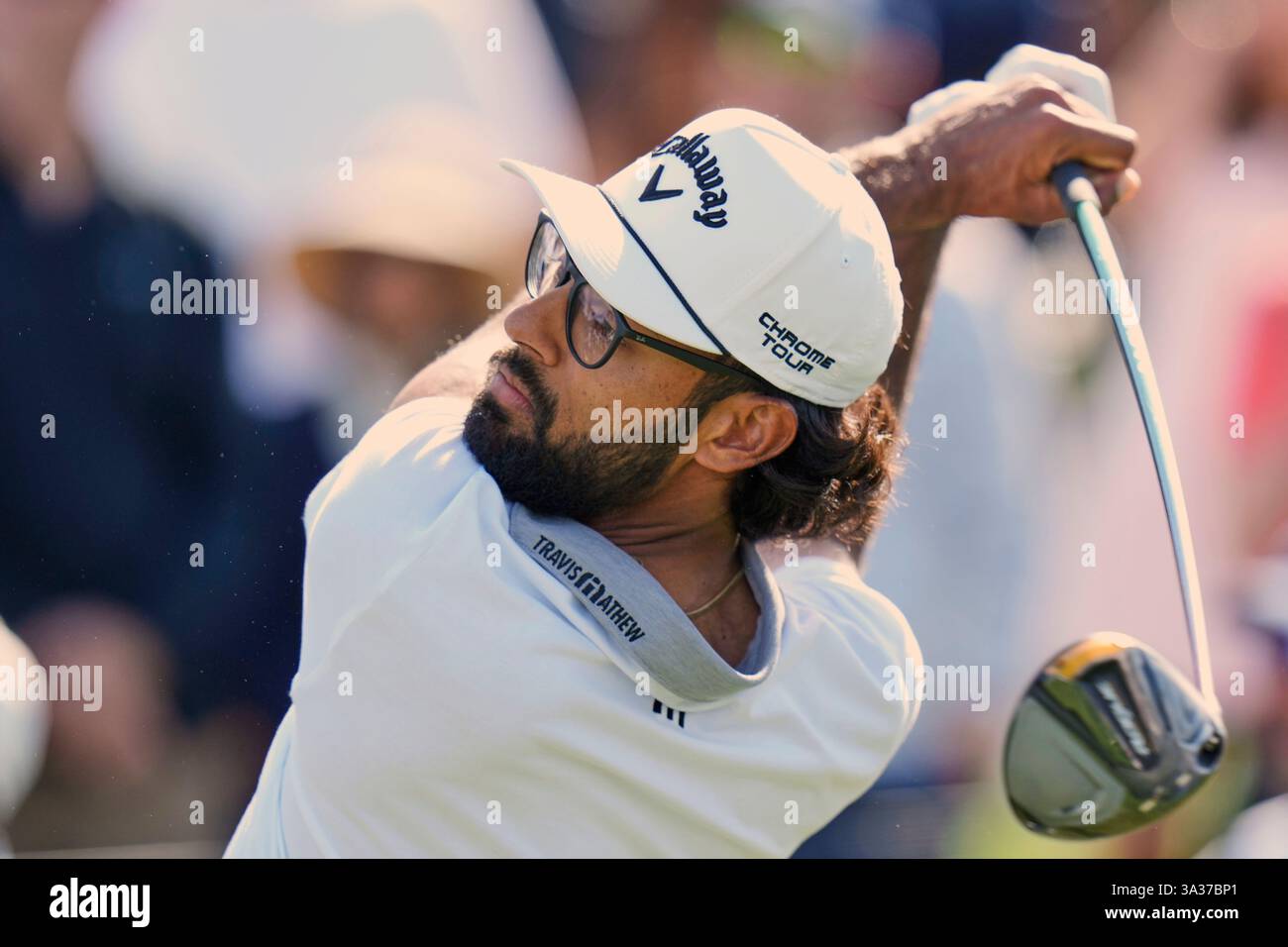 Akshay Bhatia hits his tee shot on the 18th hole during the second ...