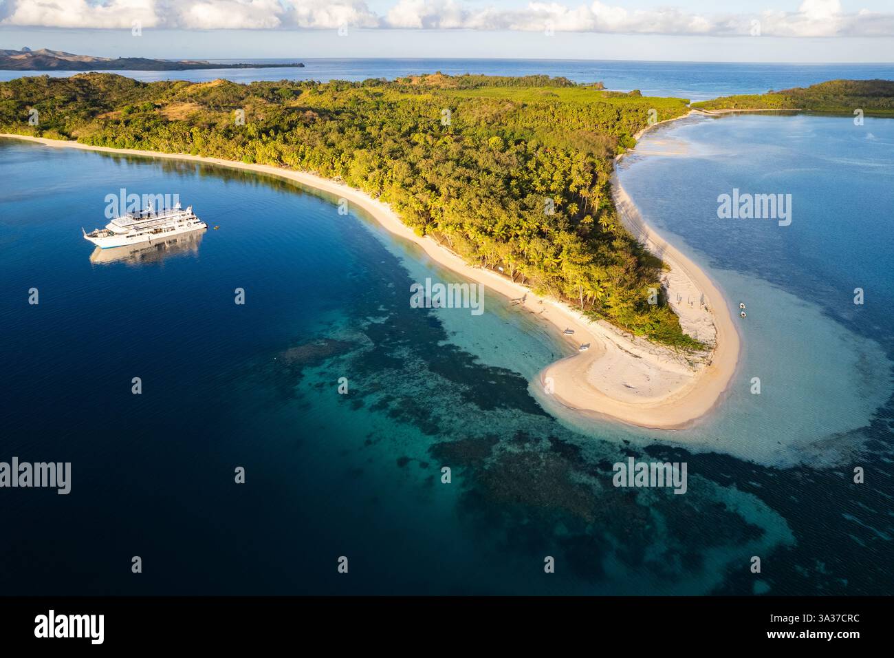 Aerial view of small cruise ship anchored by tropical palm tree ...