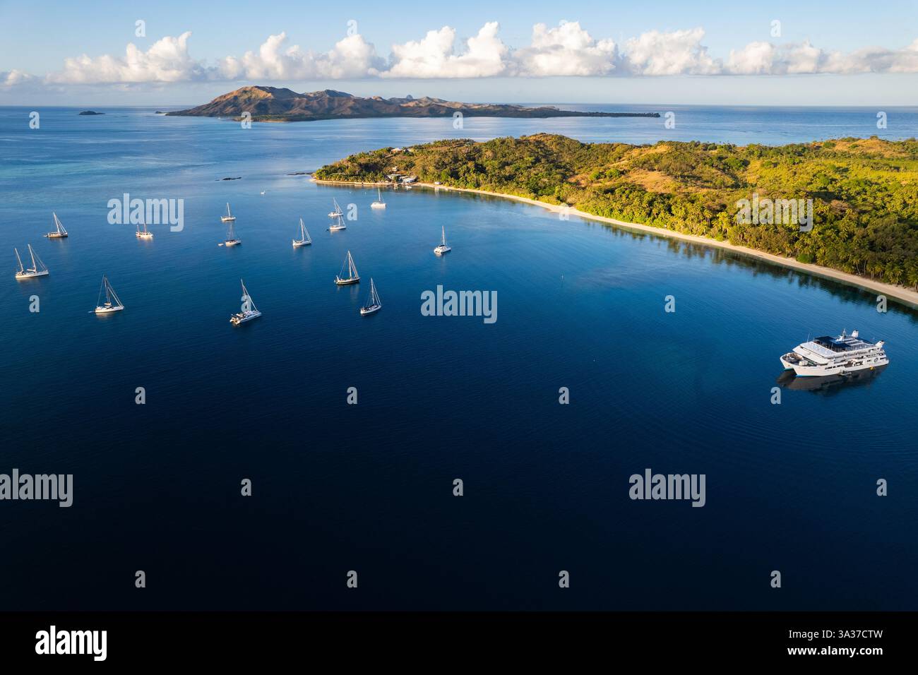 Aerial view of small cruise ship anchored by tropical palm tree ...