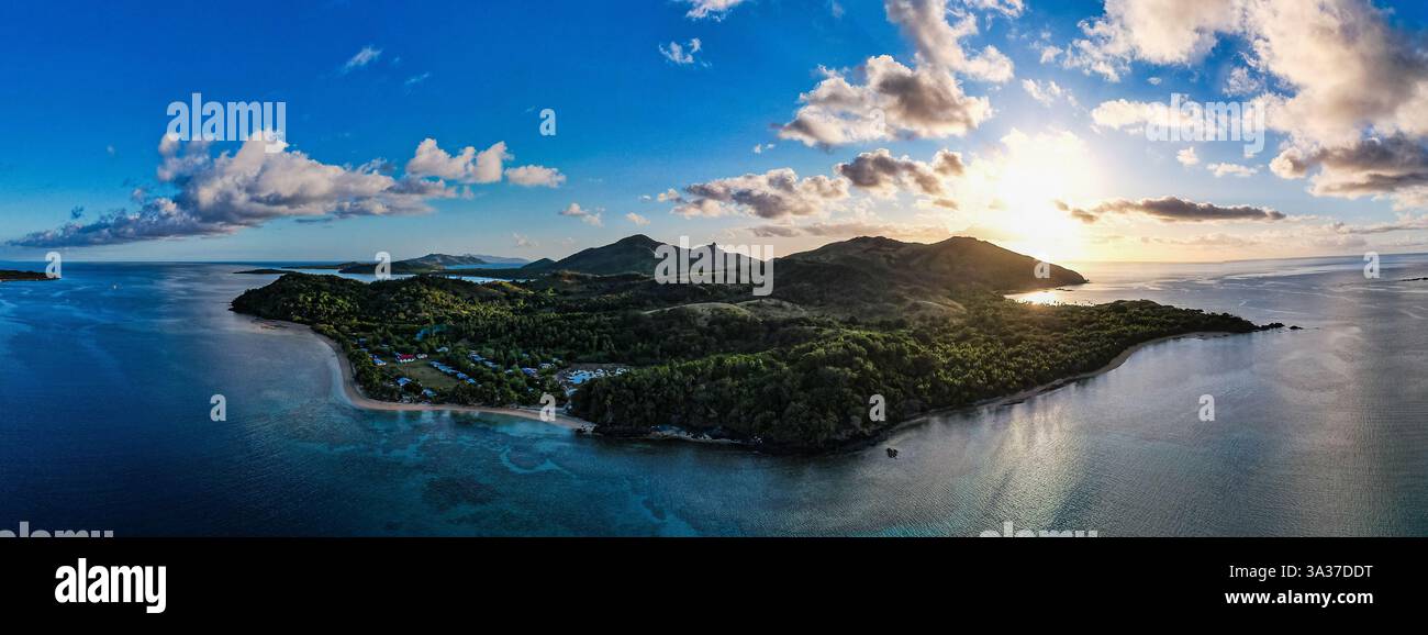 Aerial view of remote Tropical Islands surrounded by Coral Reefs in ...