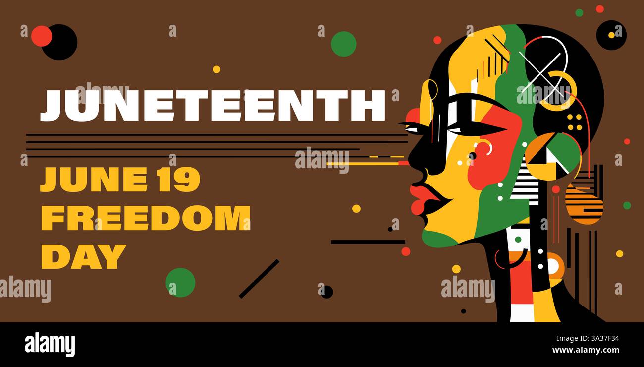 Juneteenth celebration horizontal banner in yellow and black with abstract African American ...