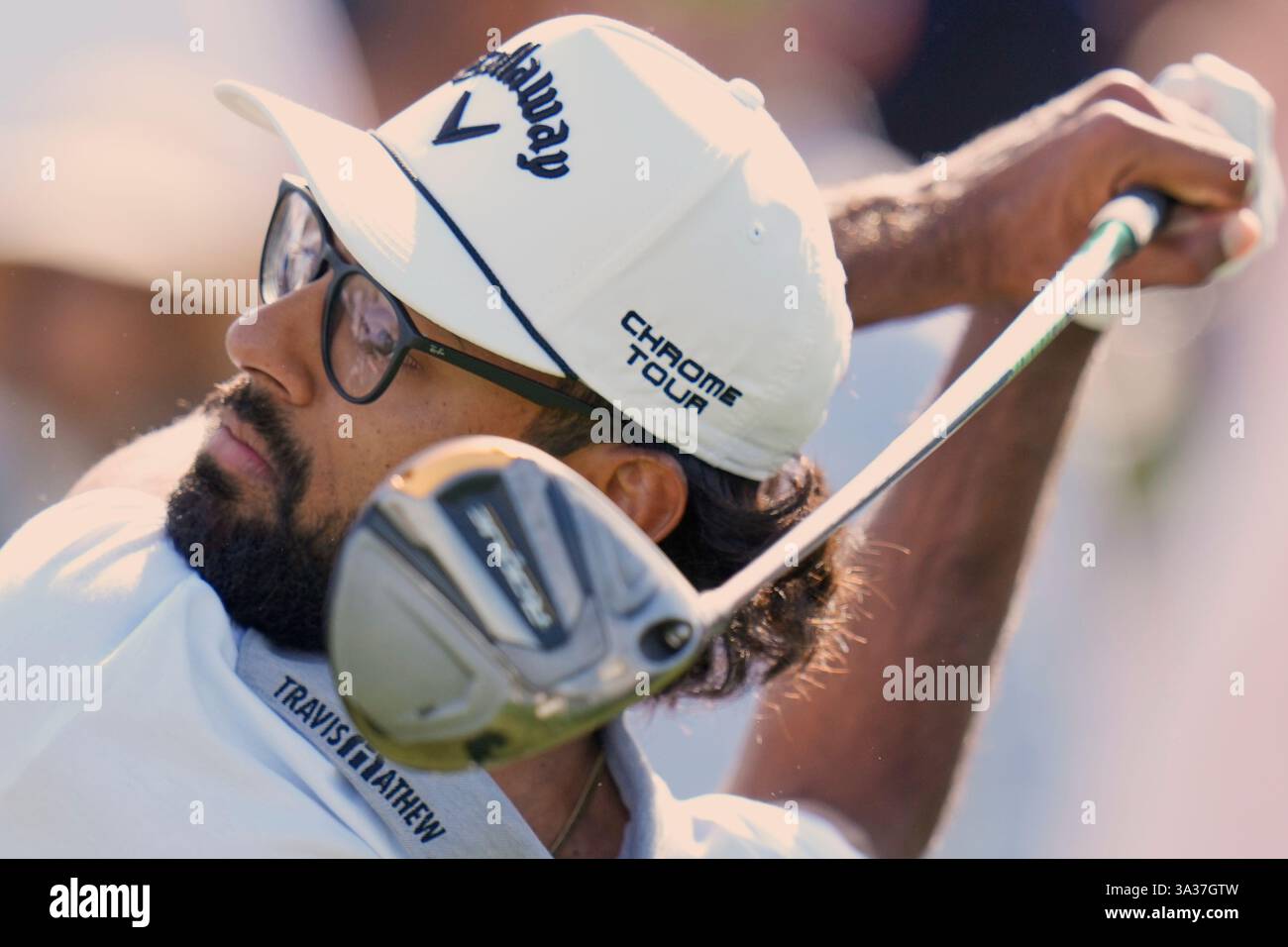 Akshay Bhatia hits his tee shot on the 18th hole during the second round of The Players ...