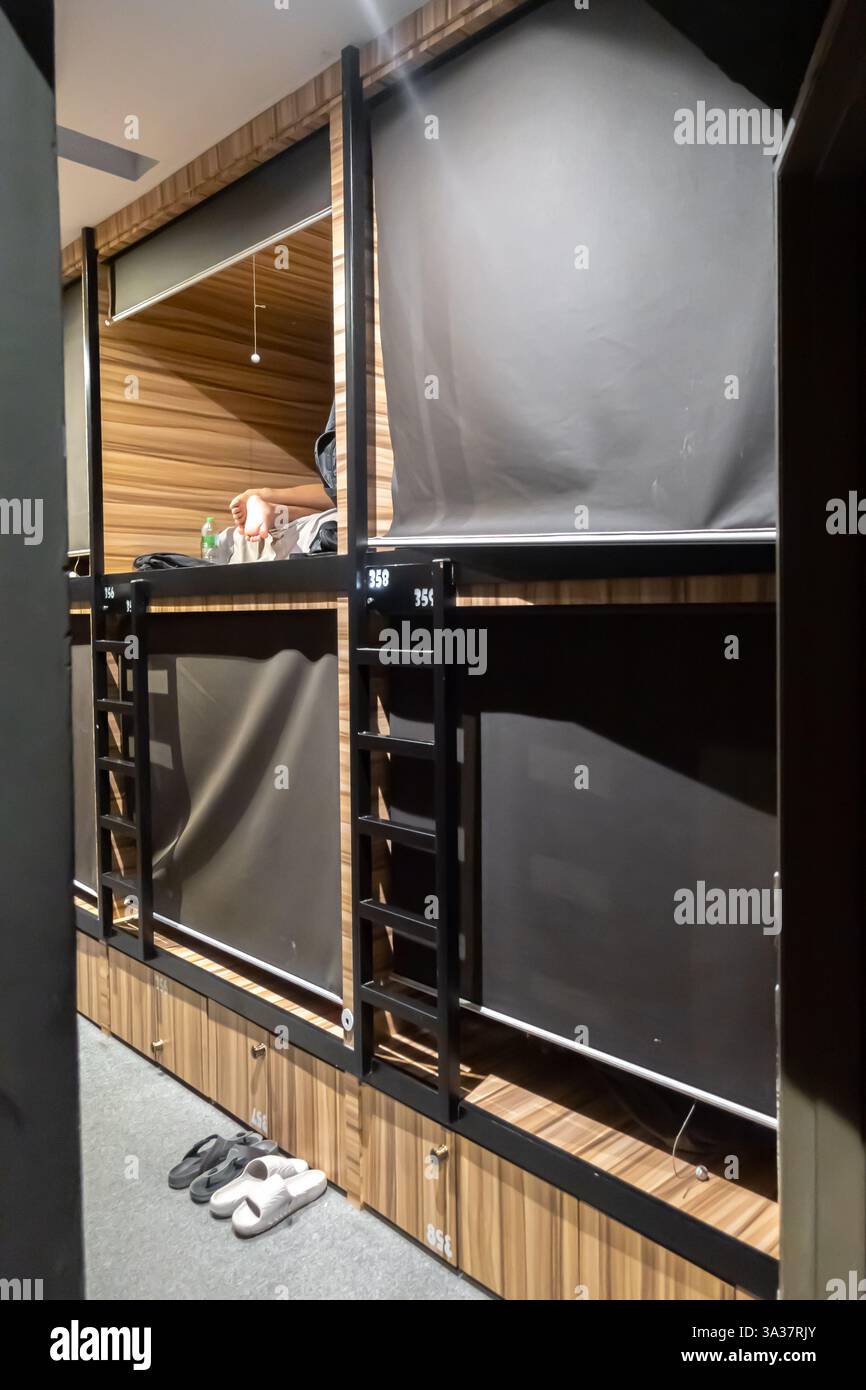 the interior of a capsule hotel, capsules, two-story, hostel, Johor ...