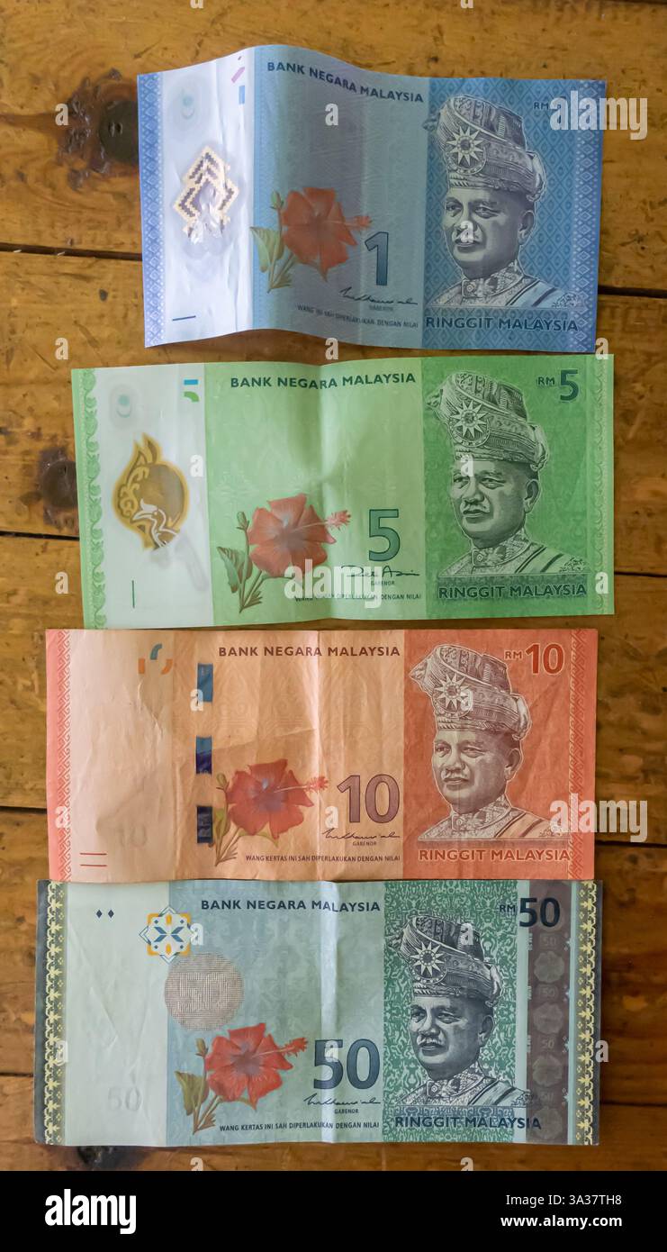 Malaysian Ringgit banknotes. From top to bottom, the denominations are ...