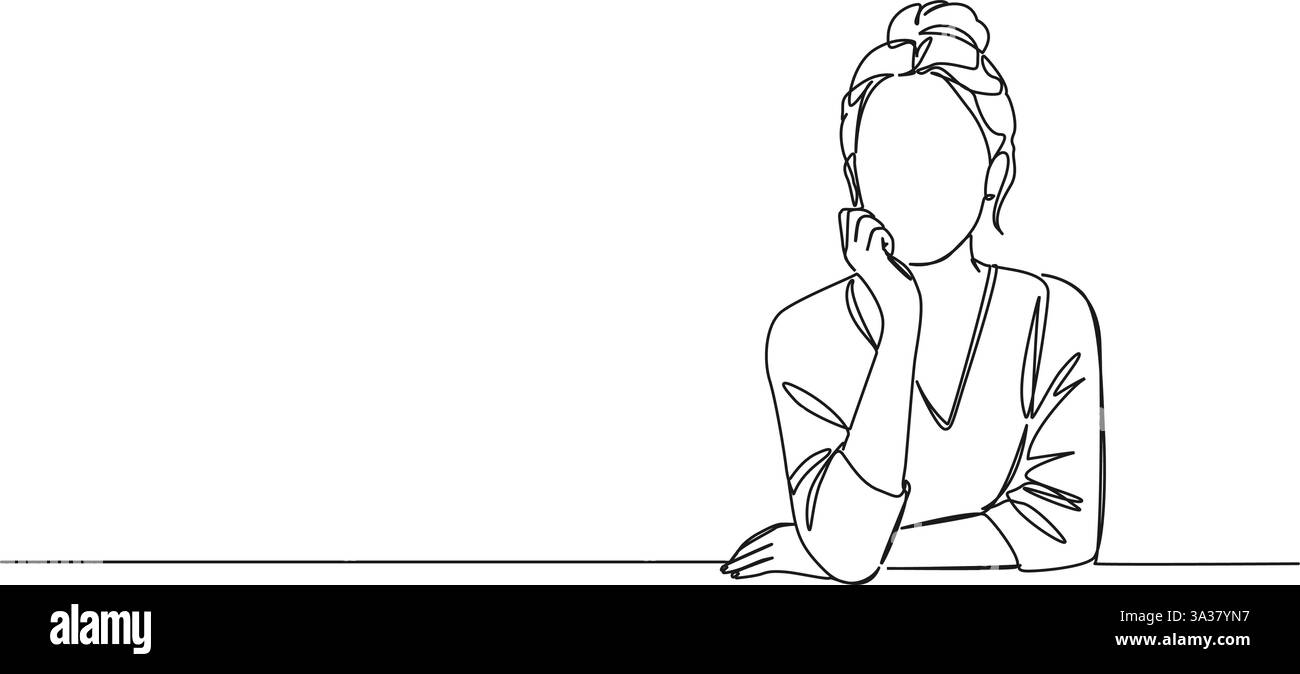 continuous single line drawing of thoughtful woman, hand on chin, line ...