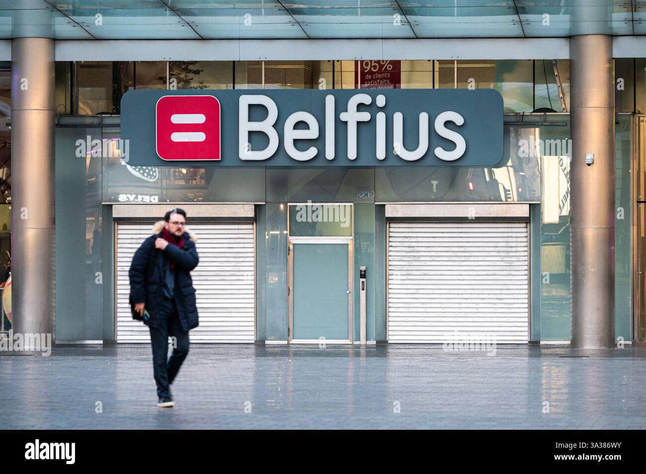 The Belfius banking headquarters entrance at Place Rogier in Brussels ...